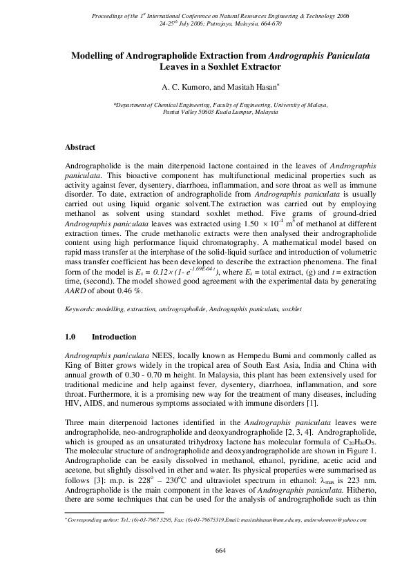 (PDF) Modelling of andrographolide extraction from andrographis paniculata leaves in a soxhlet ...