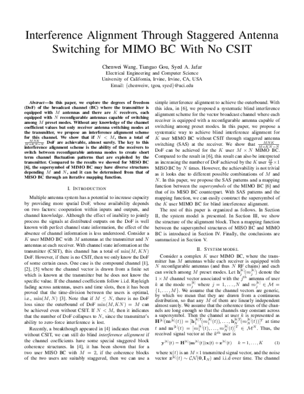 (PDF) Interference alignment through staggered antenna switching for MIMO BC with no CSIT