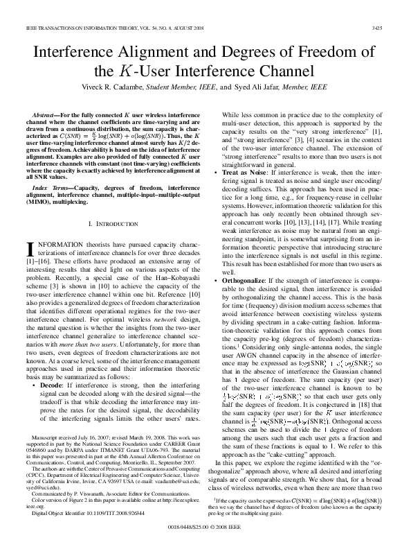 (PDF) Interference Alignment and Degrees of Freedom of the -User ...
