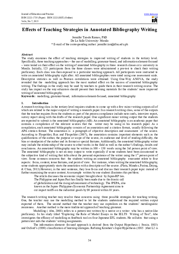 (PDF) Effects of Teaching Strategies in Annotated Bibliography Writing
