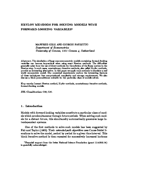 (PDF) Krylov Methods For Solving Models With Forward-Looking Variables