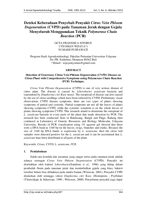 (PDF) Deteksi Keberadaan Penyebab Penyakit Citrus Vein Phloem ...