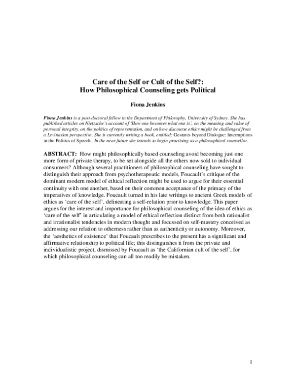 (PDF) Care of the Self or Cult of the Self ? : How Philosophical ...