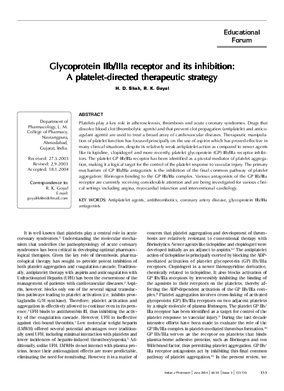 (PDF) Glycoprotein IIb/IIIa receptor and its inhibition: A platelet ...