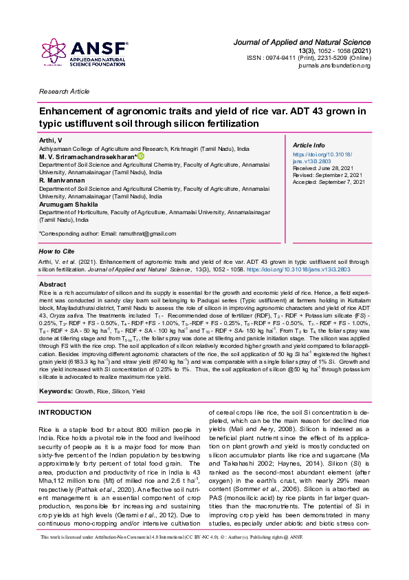 (PDF) Enhancement of agronomic traits and yield of rice var. ADT 43 ...