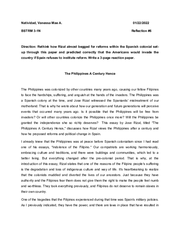 (DOC) The Philippines A Century Hence (Reflection Paper) by Natividad ...