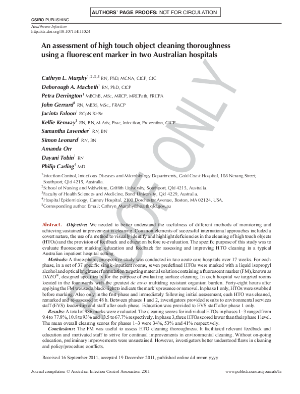 (PDF) An assessment of high touch object cleaning thoroughness using a ...