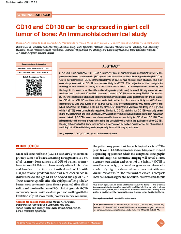 (PDF) CD10 and CD138 can be expressed in giant cell tumor of bone: An ...