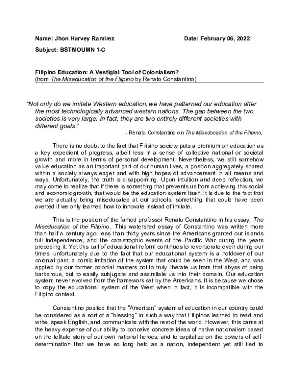 (DOC) Ramirez, Jhon Harvey The Miseducation of the Filipino by Renato ...