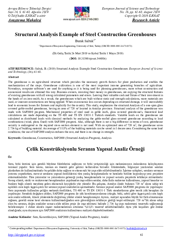 (PDF) Structural Analysis Example of Steel Construction Greenhouses