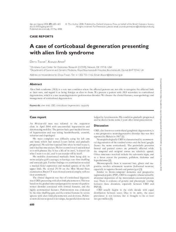 (PDF) A case of corticobasal degeneration presenting with alien limb ...