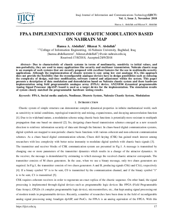 (PDF) FPAA Implementation of Chaotic Modulation Based on Nahrain Map