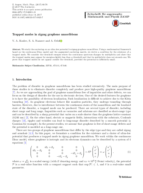 (PDF) Trapped modes in zigzag graphene nanoribbons
