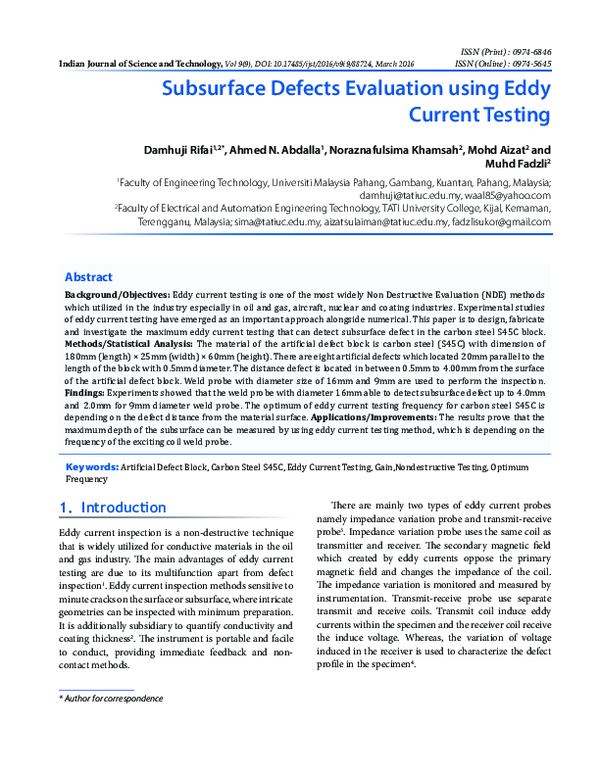 Pdf Subsurface Defects Evaluation Using Eddy Current Testing Mohd