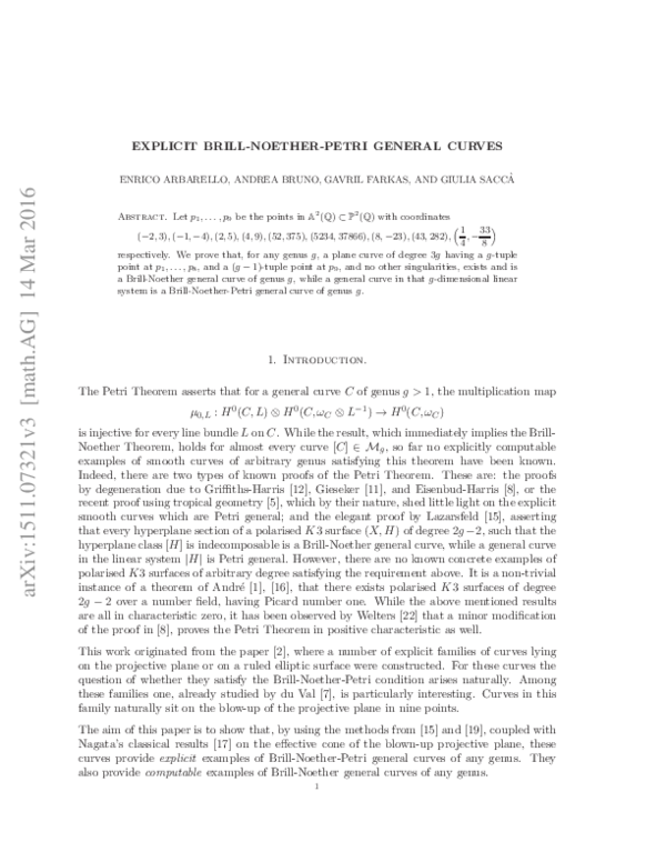 (PDF) Explicit Brill–Noether–Petri general curves (PDF) Explicit Brill–Noether–Petri general curves