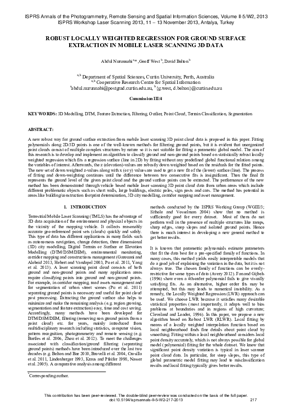 Pdf Robust Locally Weighted Regression For Ground Surface Extraction In Mobile Laser Scanning