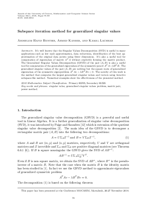 (PDF) Subspace iteration method for generalized singular values