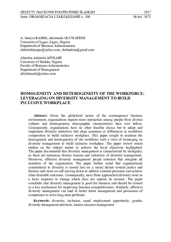(PDF) Homogeneity and heterogeneity of the workforce: leveraging on ...