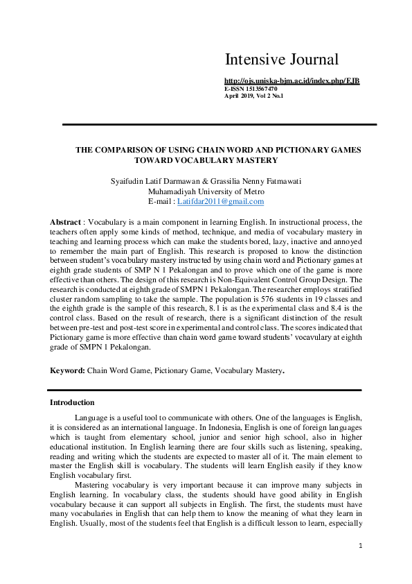 (PDF) The Comparison of Using Chain Word and Pictionary Games Toward ...