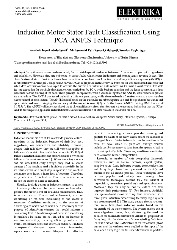Pdf Induction Motor Stator Fault Classification Using Pca Anfis Technique Mohammed Faiz