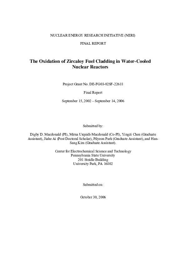 (PDF) Oxidation of Zircaloy Fuel Cladding in Water-Cooled Nuclear Reactors