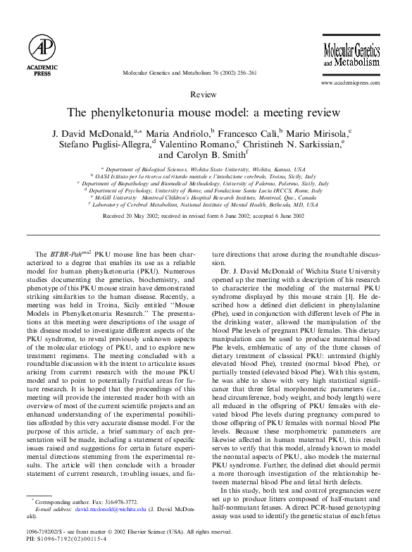 (PDF) The phenylketonuria mouse model: a meeting review