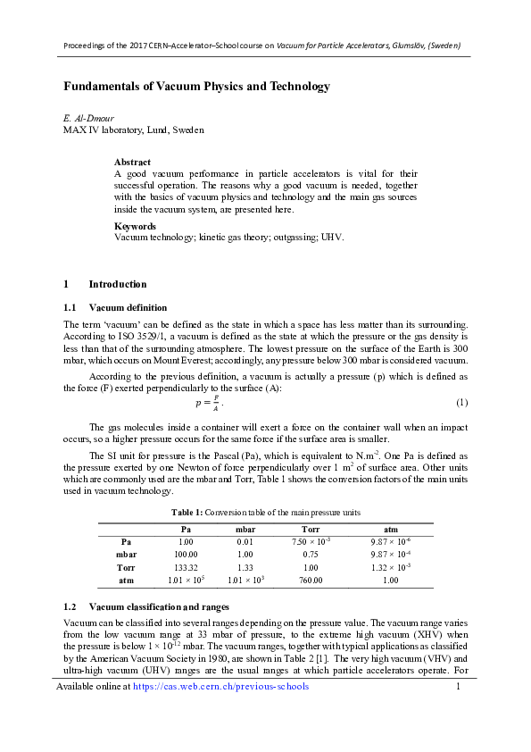 (PDF) Fundamentals of Vacuum Physics and Technology