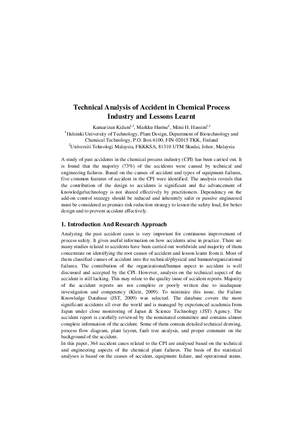 (PDF) Technical Analysis of Accident in Chemical Process Industry and ...