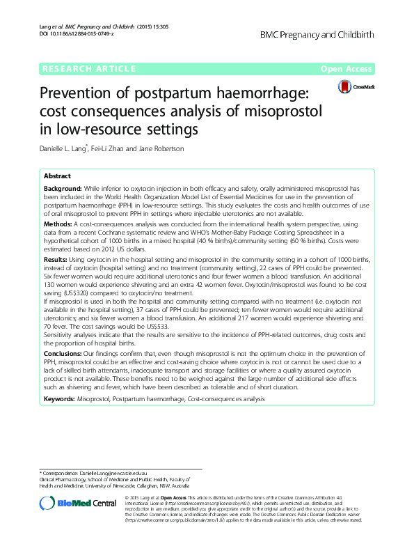 (PDF) Prevention of postpartum haemorrhage: cost consequences analysis ...