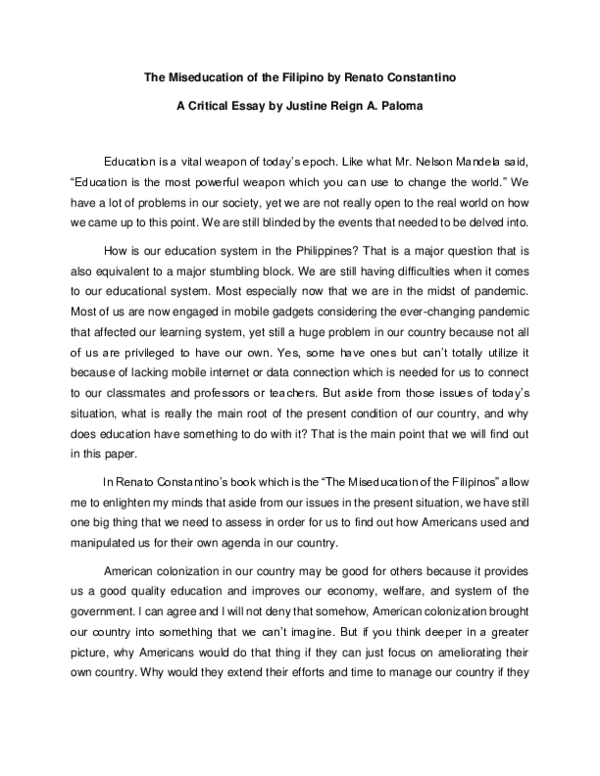 (PDF) The Miseducation of the Filipino by Renato Constantino A Critical Essay by Justine Reign A ...