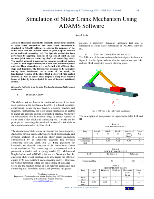 (PDF) Simulation of Slider Crank Mechanism Using ADAMS Software