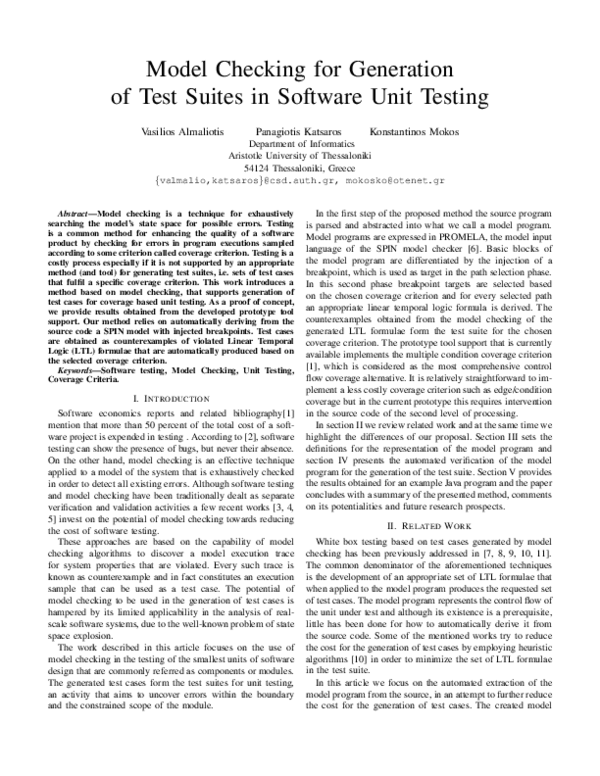 (PDF) Model Checking for Generation of Test Suites in Software Unit Testing