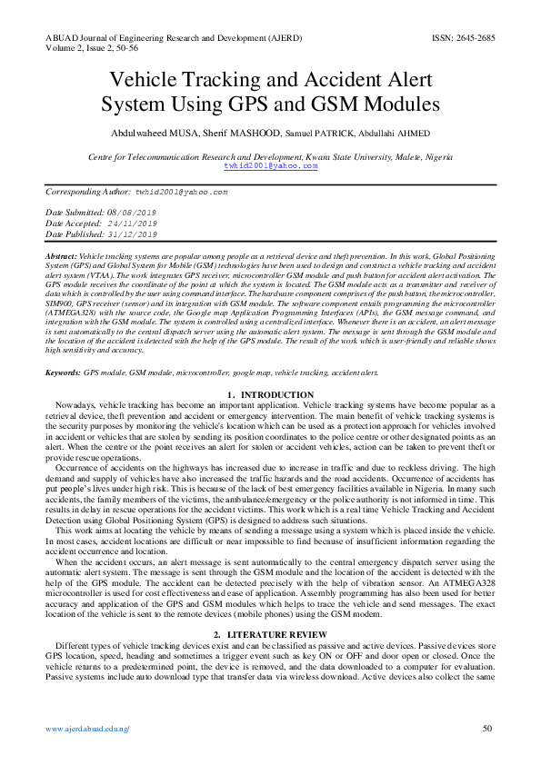 (PDF) Vehicle Tracking and Accident Alert System Using GPS and GSM Modules