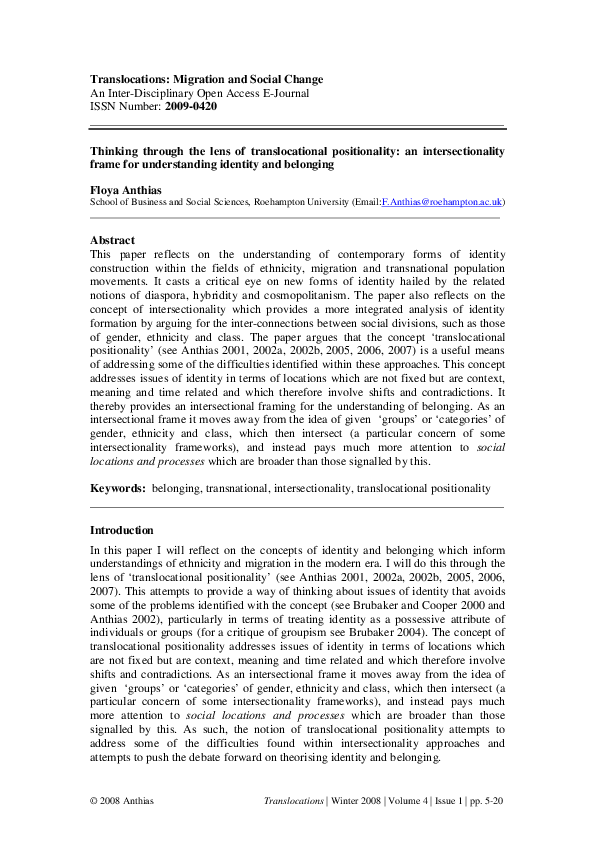 (PDF) Thinking through the lens of translocational positionality: An intersectionality frame for ...