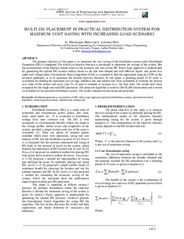 Pdf Multi Dg Placement In Practical Distribution System For Maximum Cost Saving With