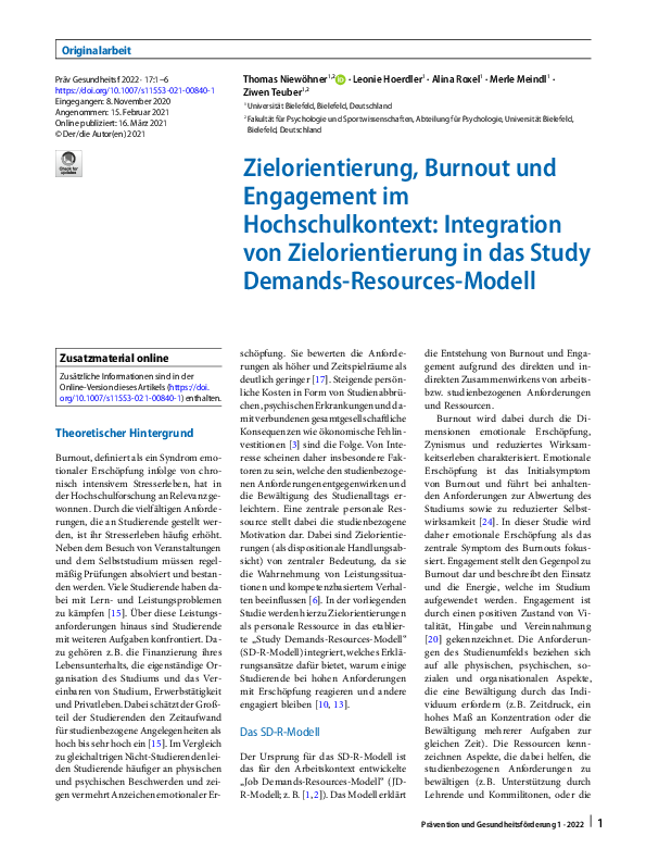 (PDF) Zielorientierung, Burnout und Engagement im Hochschulkontext ...