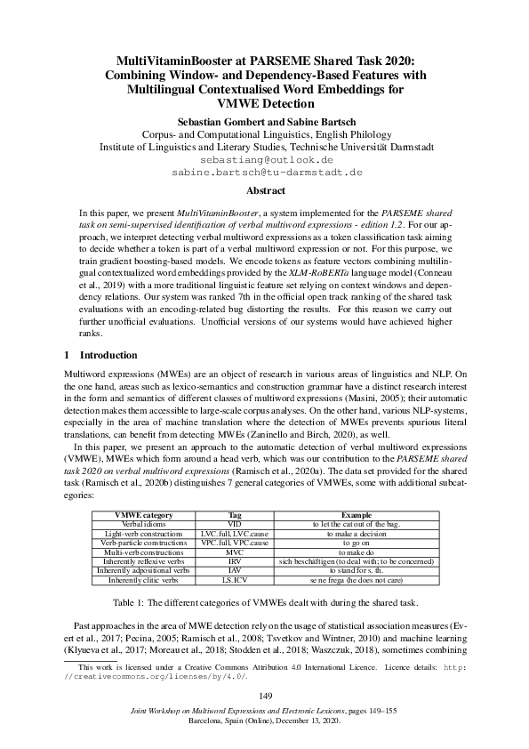 Pdf Multivitaminbooster And Multivitaminregressor At Parseme Shared Task 2020 Combining