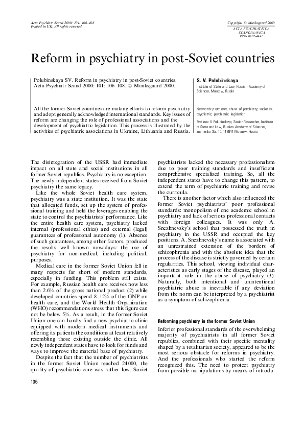 (PDF) Reform in psychiatry in post-Soviet countries