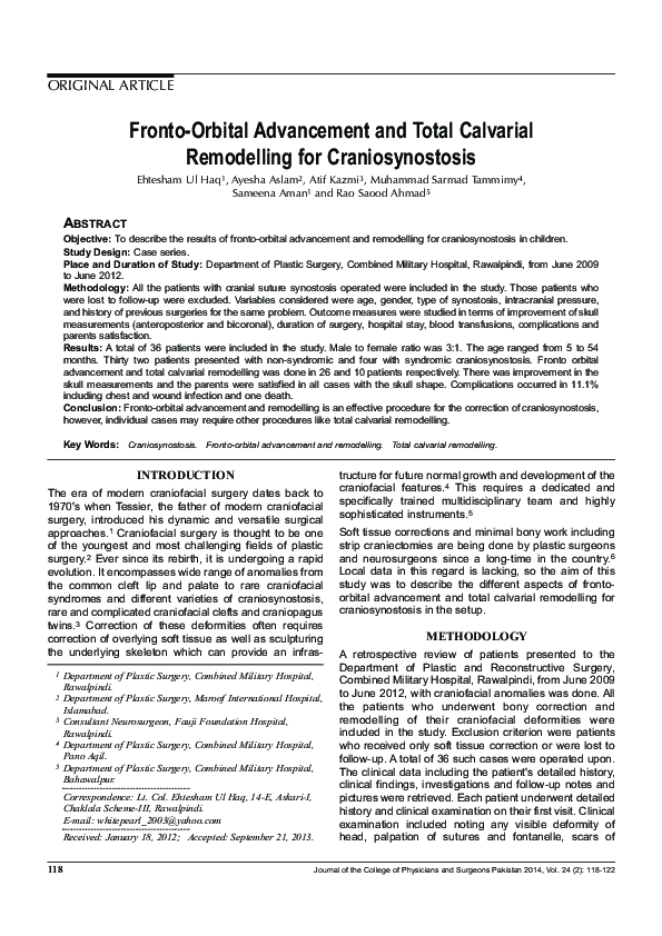(PDF) Fronto-orbital advancement and total calvarial remodelling for ...