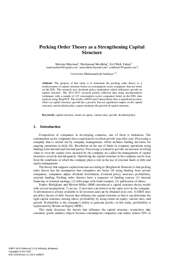 (PDF) Pecking Order Theory as a Strengthening Capital Structure