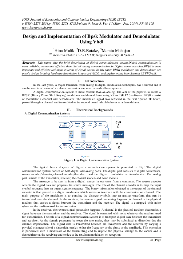 Pdf Design And Implementation Of Bpsk Modulator And Demodulator Using Vhdl