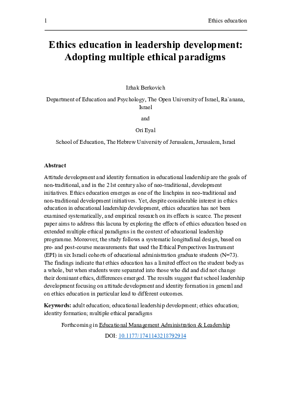 (PDF) Ethics education in leadership development