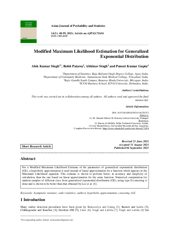 Pdf Modified Maximum Likelihood Estimation For Generalized Exponential Distribution