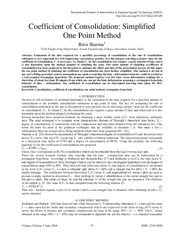 (PDF) Coefficient of Consolidation: Simplified One Point Method