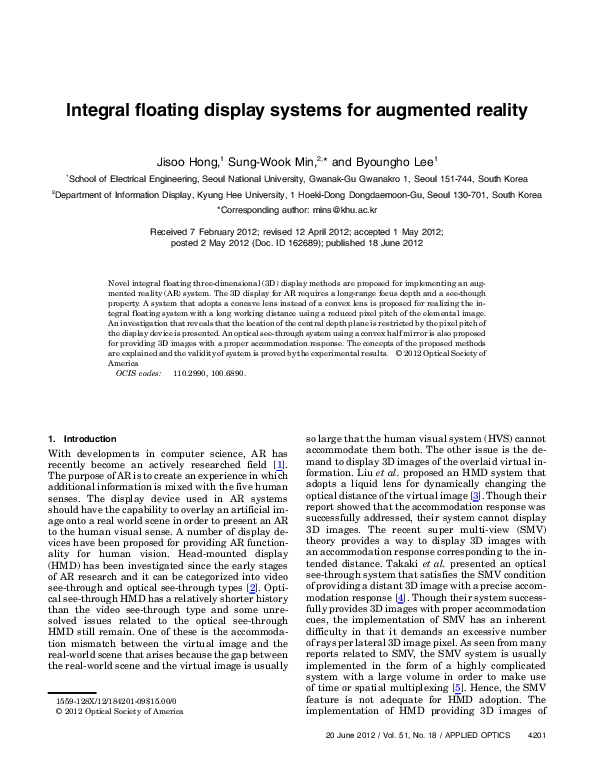 (PDF) Integral floating display systems for augmented reality