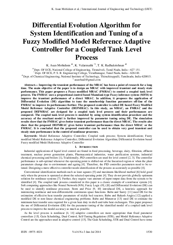 Pdf Differential Evolution Algorithm For System Identification And Tuning Of A Fuzzy Modified
