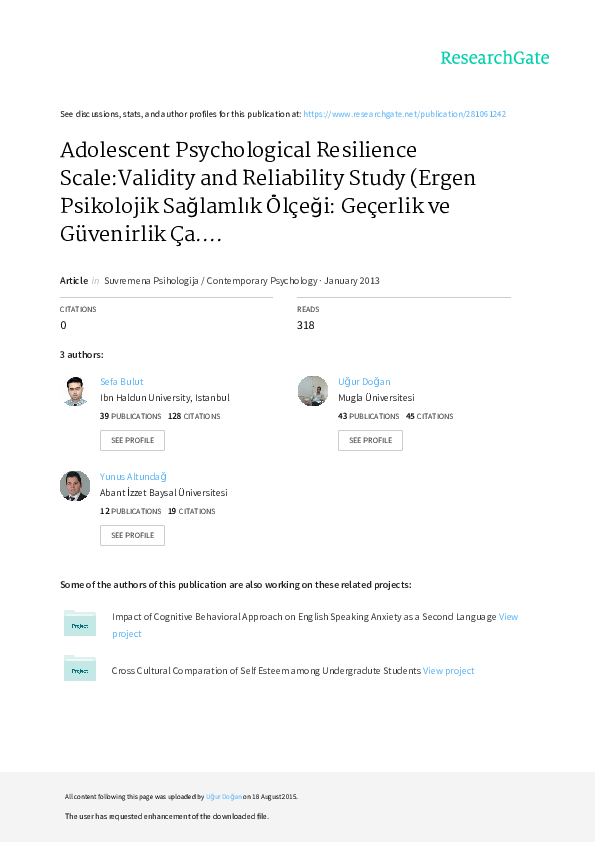 (PDF) Adolescent Psychological Resilience Scale: Validity and reliability study