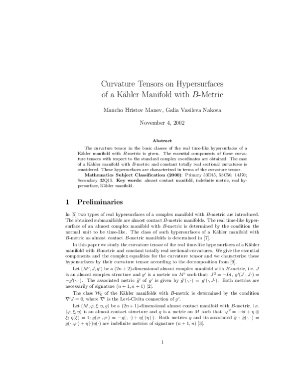 (PDF) Curvature Tensors on Hypersurfaces of a Kähler Manifold with B ...