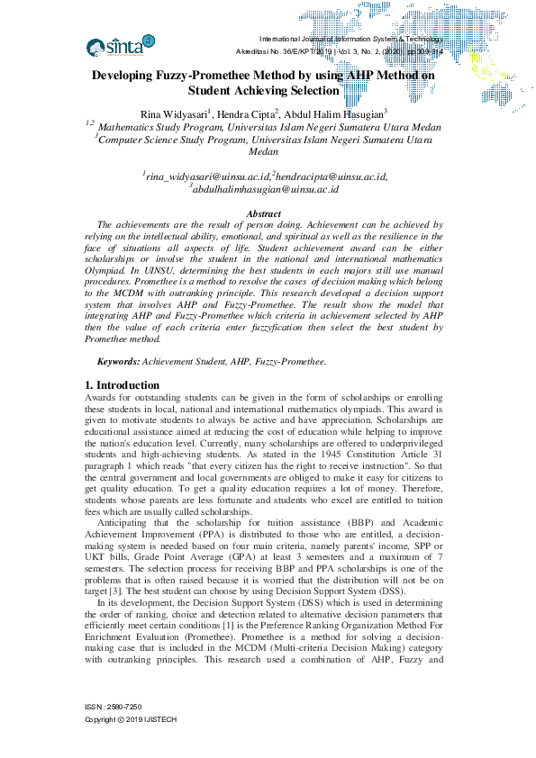 (PDF) Developing Fuzzy-Promethee Method by using AHP Method on Student Achieving Selection