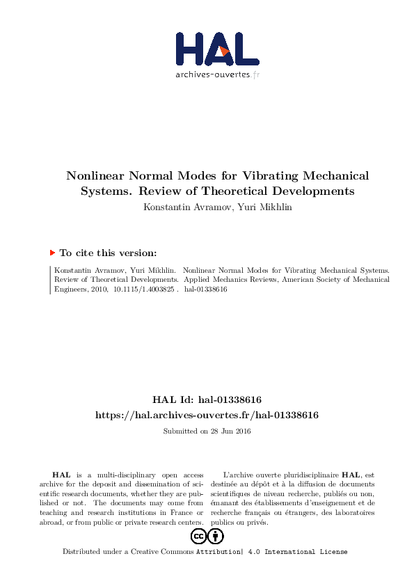 (PDF) Nonlinears Normal Modes for Vibrating Mechanical Systems. Review ...